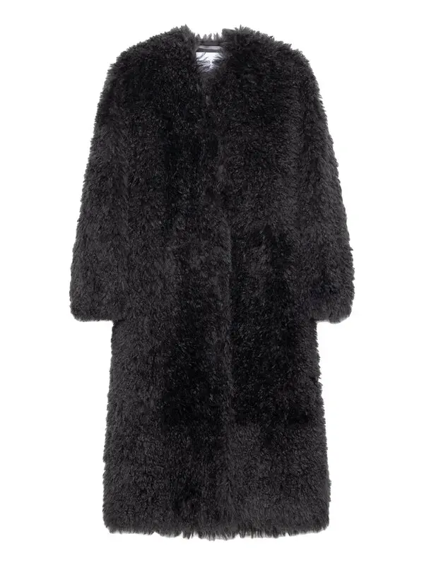 STAND STUDIO Long Straight Faux Fur Jacket With Hidden Hook Closure, Side Pockets - Grigio