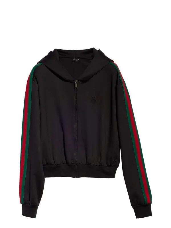 Gucci Crest Embroidered Fixed-hood Sweatshirt With Web Insert, Dropped Shoulders & Rib Trim - Nero