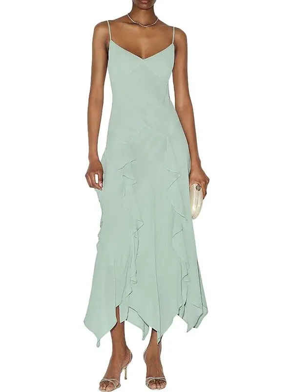 REFORMATION Allissa V Neck Ruffle Trim Dress - Celadon