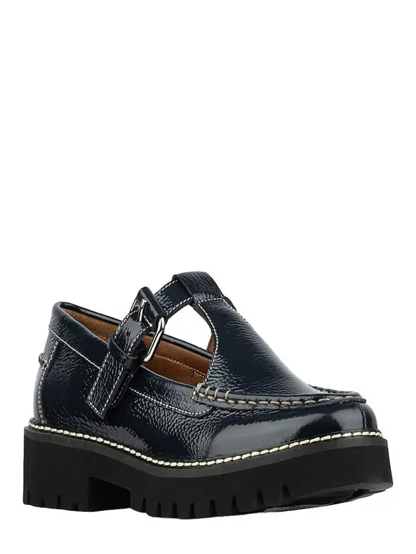 DONALD PLINER T Strap Leather Suede Loafer Flats - Navy