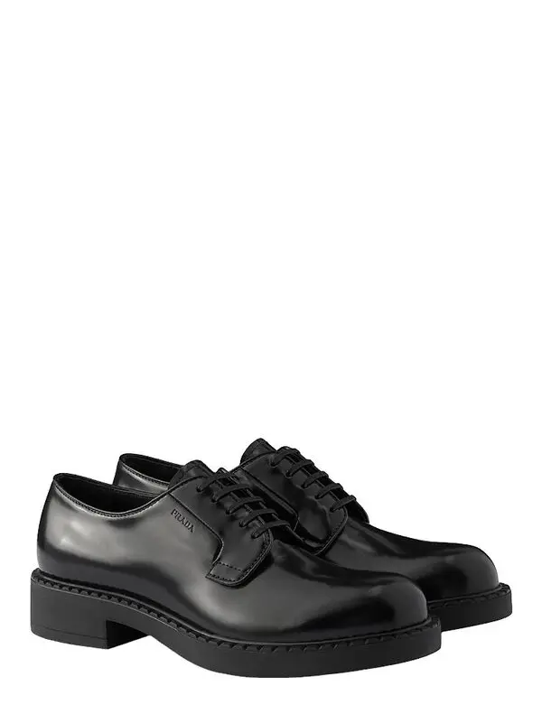 Prada Chocolate Brushed Leather Derby Shoes - Black