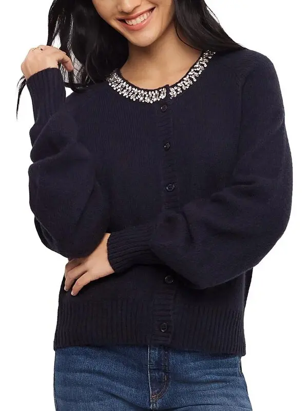Karen Kane Embellished Crewneck Cardigan Sweater - Navy