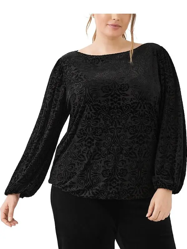 Karen Kane Velvet Burnout Boat Neck Blouson Sleeve Top - Black
