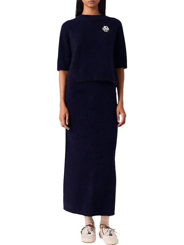 Maje Wool Floral Brooch Sweater - Navy