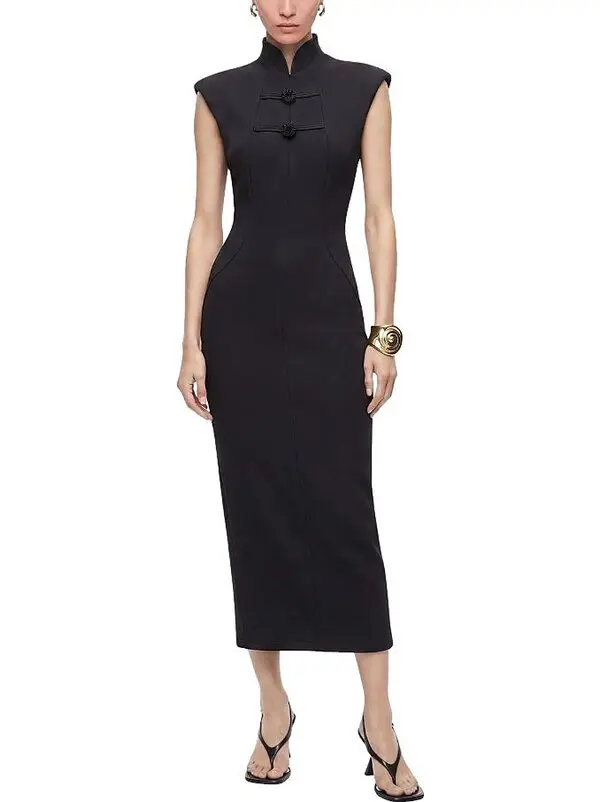 NOCTURNE Padded Shoulder Button Detail Maxi Dress - Black