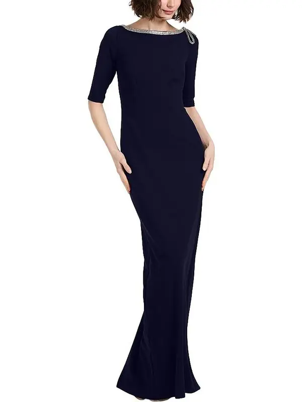 EMILY SHALANT Stretch Crepe Elbow Sleeve Embellished Gown - Navy