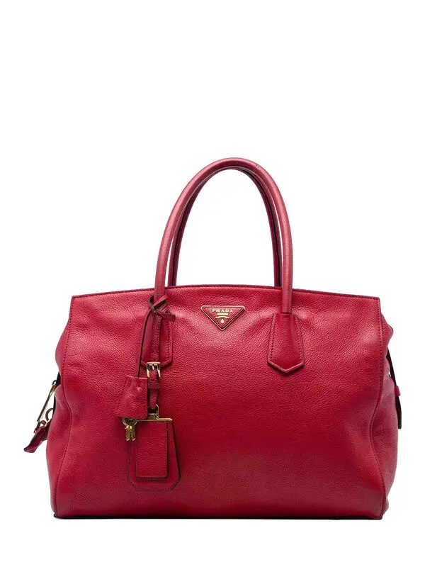 Prada 2000-2013 Vitello Daino Zip Top Convertible Tote Satchel - Red