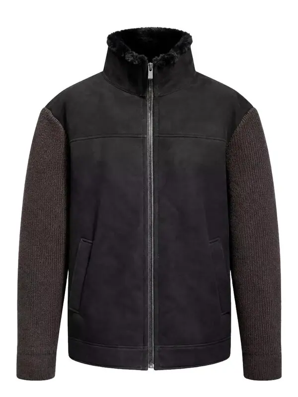 POCHE PARIS Knit-sleeve Faux-fur Collar Jacket - Black