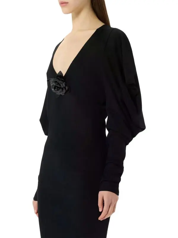Blumarine Brooch-detail Puffed-sleeve Midi Dress - Black