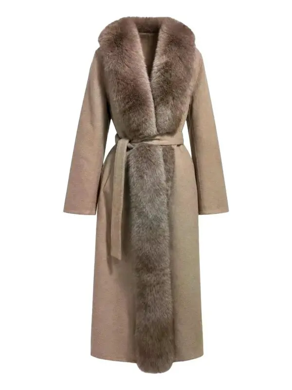 POCHE PARIS Faux-fur Trim Belted Coat - Neutrals