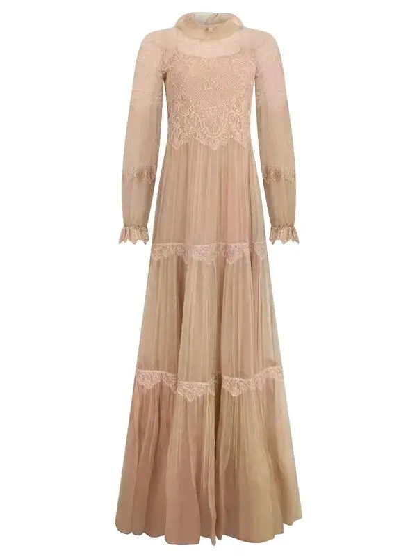 Alberta Ferretti Lace-panelled Pleated Maxi Dress - Neutrals