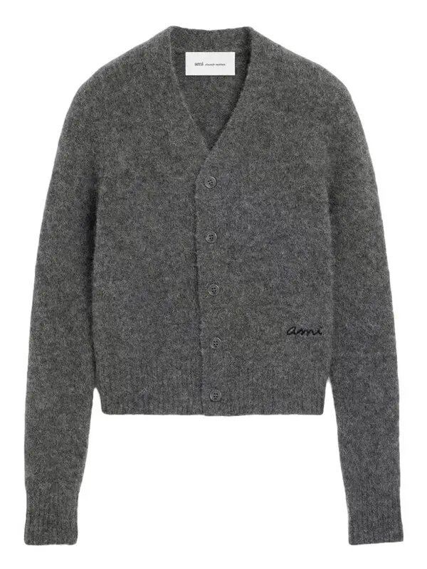 AMI Paris Wool And Alpaca Cardigan With Embroidery - Grey