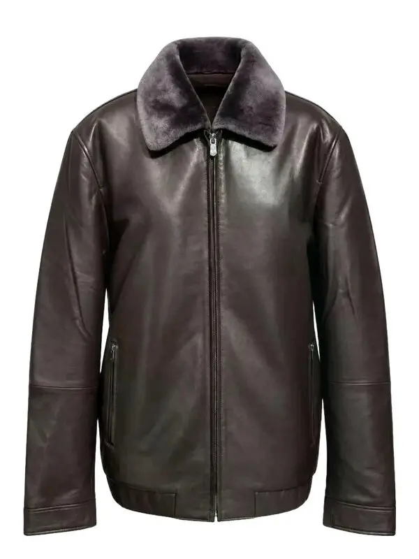 POCHE PARIS Shearling-collar Leather Jacket - Brown