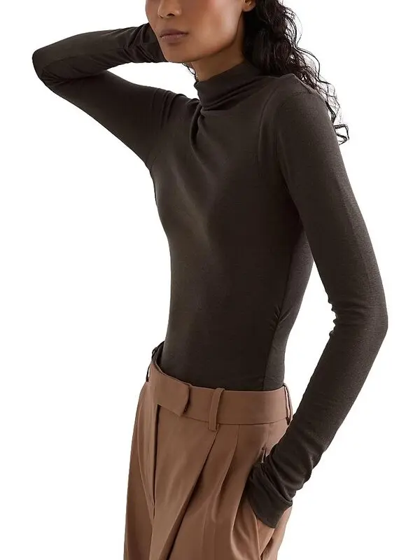 REISS Heidi Ruched Mock Neck Top - Chocolate