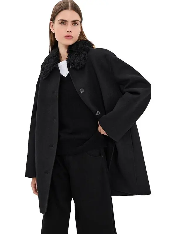Another Tomorrow Fur Collar Balmacaan Coat - Black