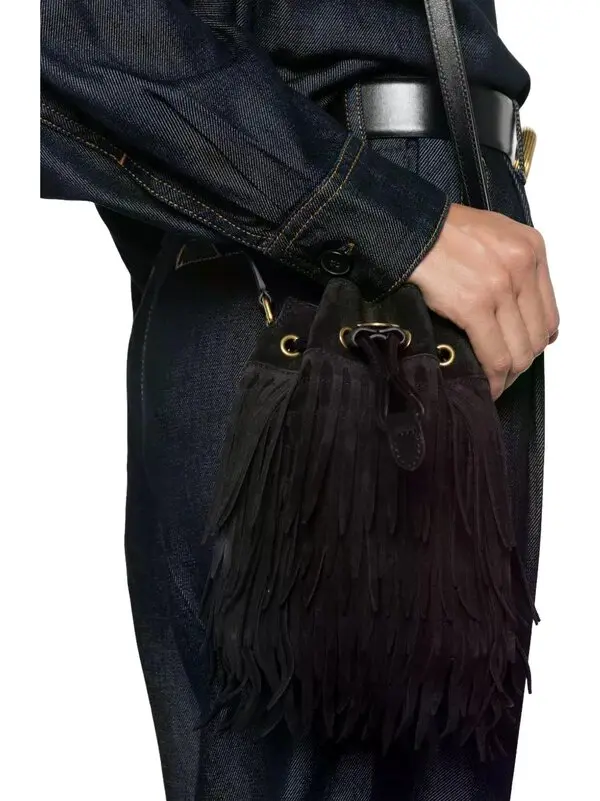 Mulberry Fringed Drawstring Bucket Bag - Black