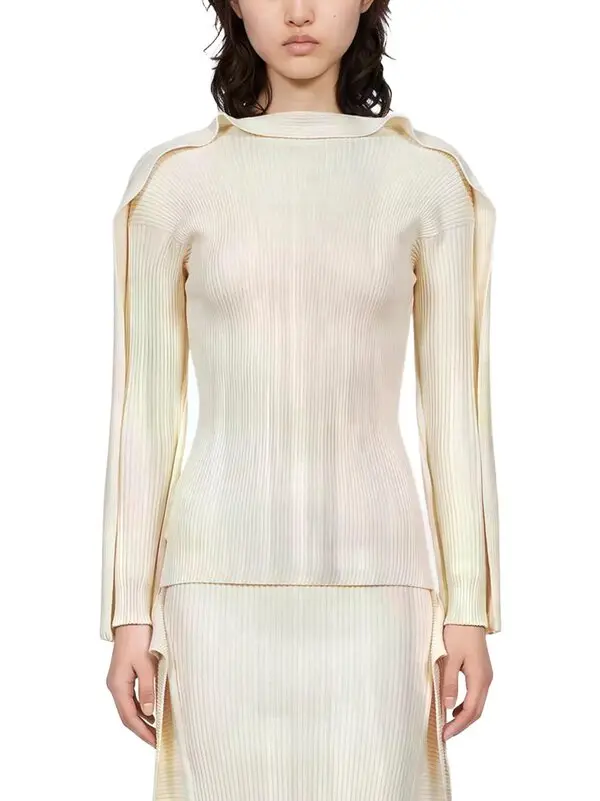 Issey Miyake Ribbed-knit Ruffled Top - Neutrals