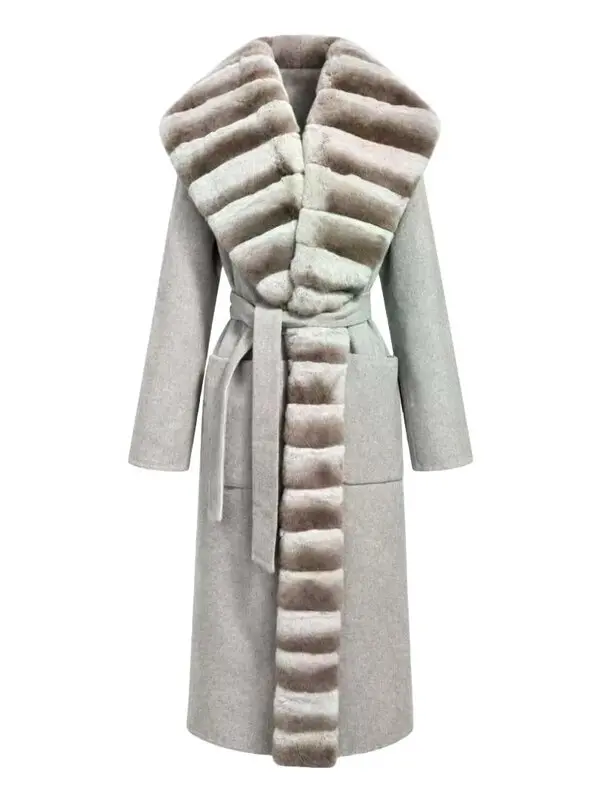 POCHE PARIS Fur-trim Belted Coat - Grey