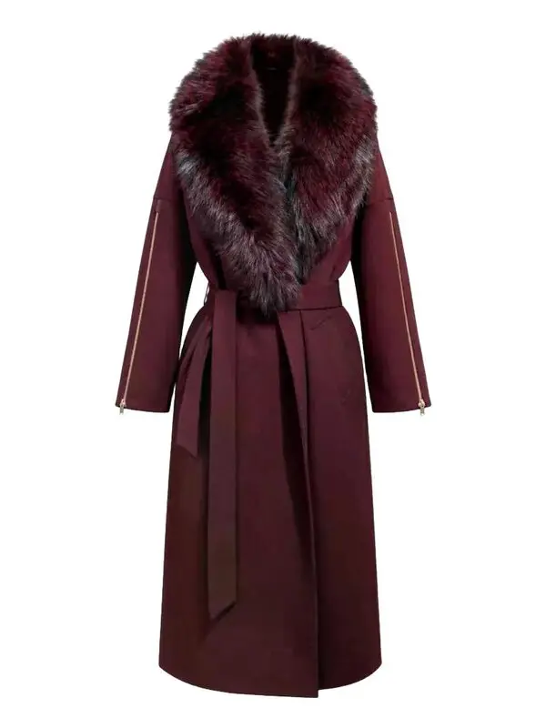 POCHE PARIS Faux-fur Trim Belted Coat - Red