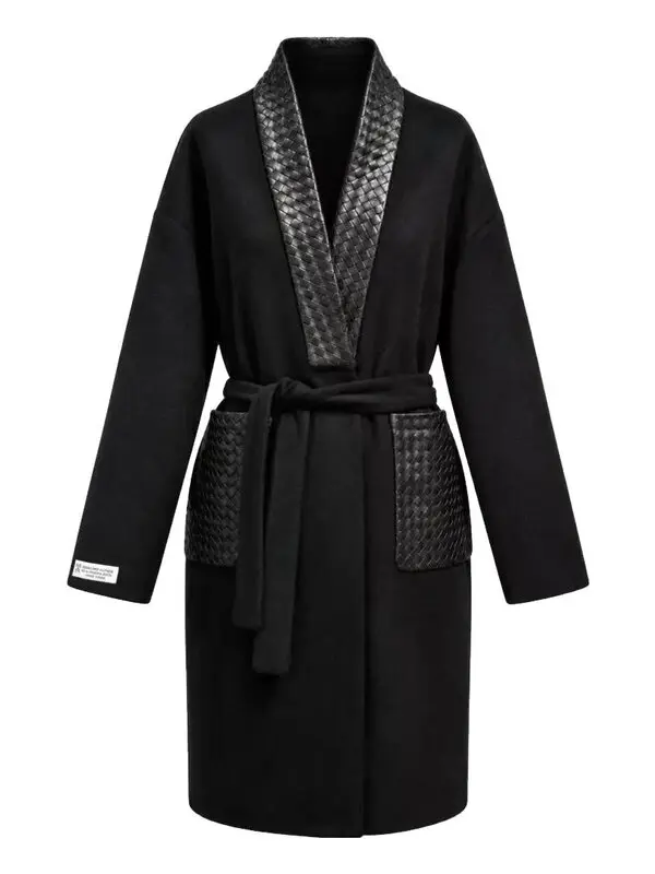 POCHE PARIS Woven-trim Belted Coat - Black
