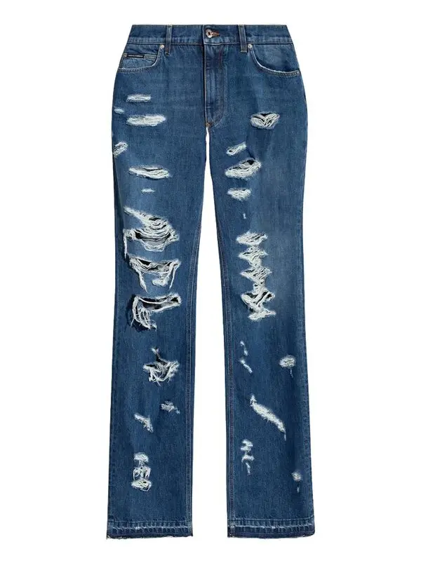 Dolce & Gabbana Dolce Gabbana Logo Plaque Distressed Jeans - Blue