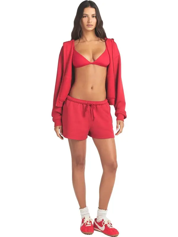 SKIMS Zip Up Hoodie | White | | Cotton Fleece - Washed Red