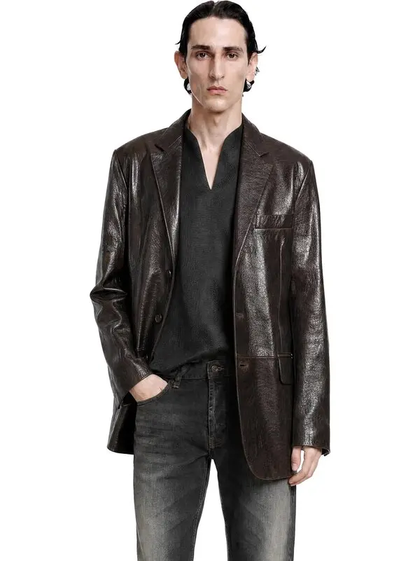 Emporio Armani Shiny Drummed Leather Blazer - Brown