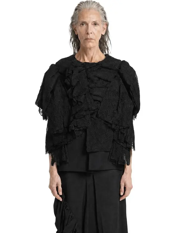 Comme Des Garçons Coated Lace Long Sleeve Top - Black