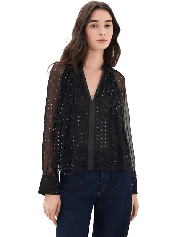 Vince Heat Set Dot Sheer Gathered Blouse - Black