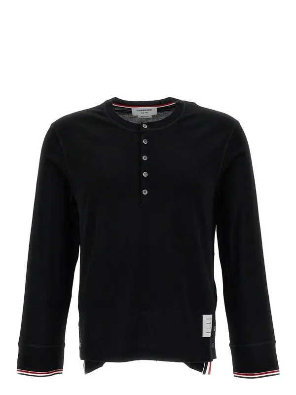 Thom Browne Maglia Henley Girocollo In Misto Lana E Costine - Nero