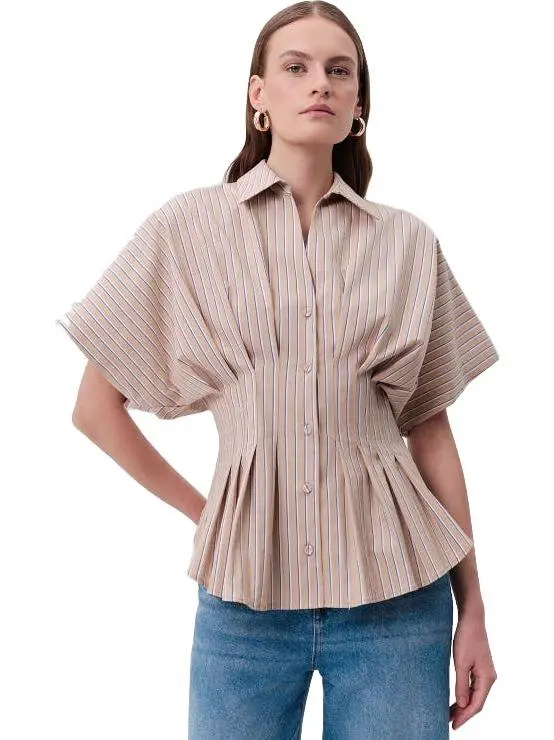 EXQUISE Nataly Collar Pleated Fitted Striped Shirt - Multi Color