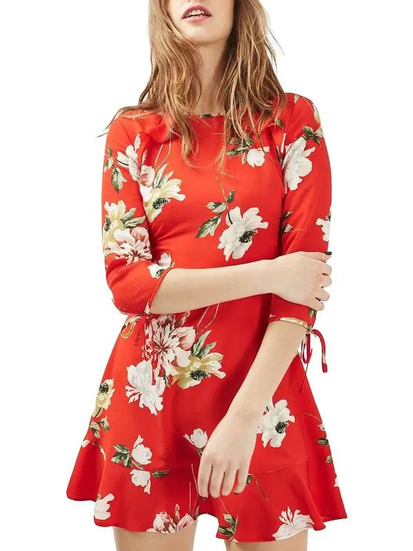 Topshop Ruffle Floral Tea Dress - Red Multi