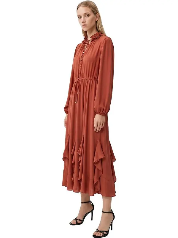 EXQUISE Long Sleeve Drawstring Waist Tiered Midi Dress - Cinnamon