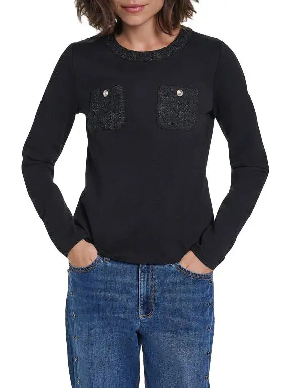 Karl Lagerfeld Paris Ponte Long Sleeve Top With Button Pockets - Black