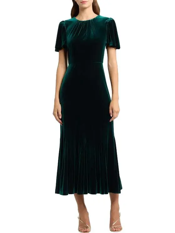 Eliza J Flutter Sleeve Velvet Midi Dress - Hunter