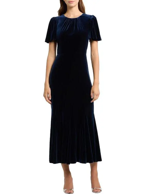 Eliza J Flutter Sleeve Velvet Midi Dress - Navy