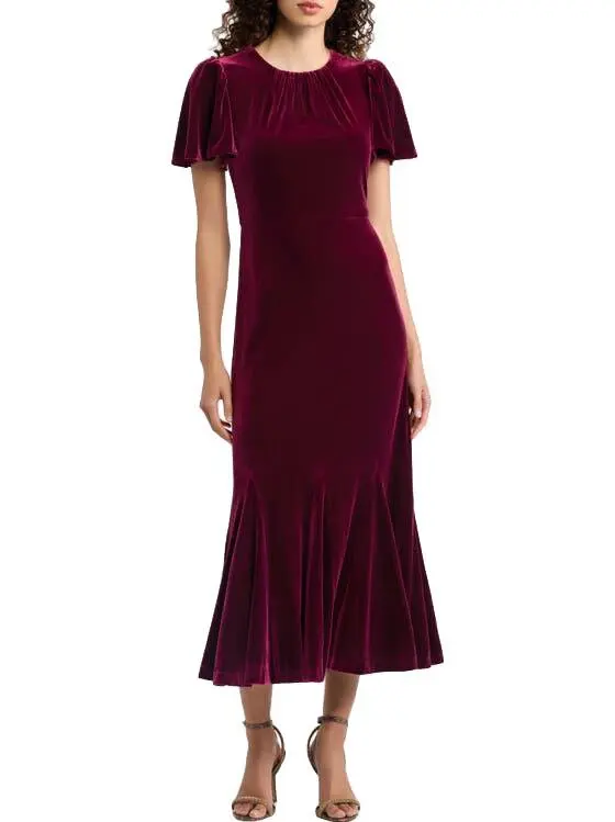 Eliza J Flutter Sleeve Velvet Midi Dress - Wine