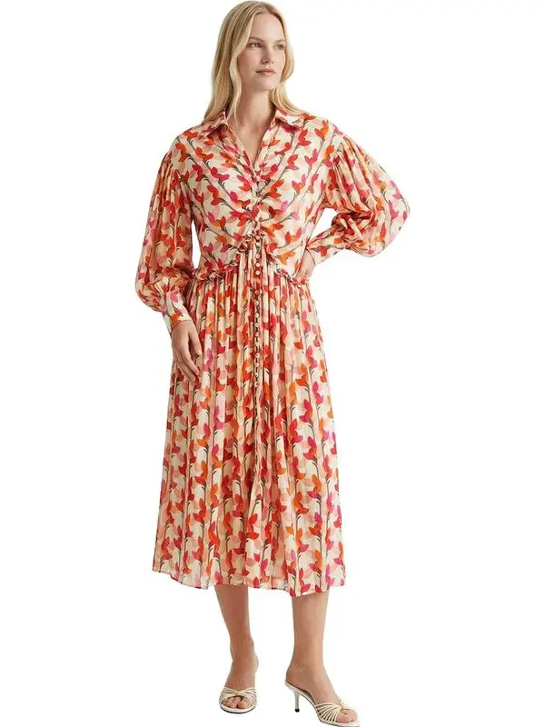 EXQUISE Long Sleeve Patterned Midi Shirt Dress - Multicolor