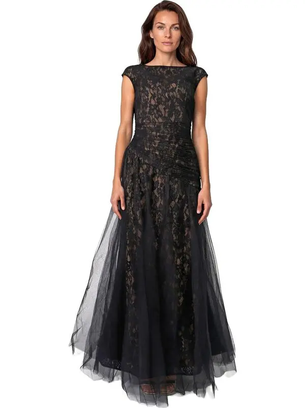 Rene Ruiz Collection Bateau Neck Lace Tulle A-line Gown - Black