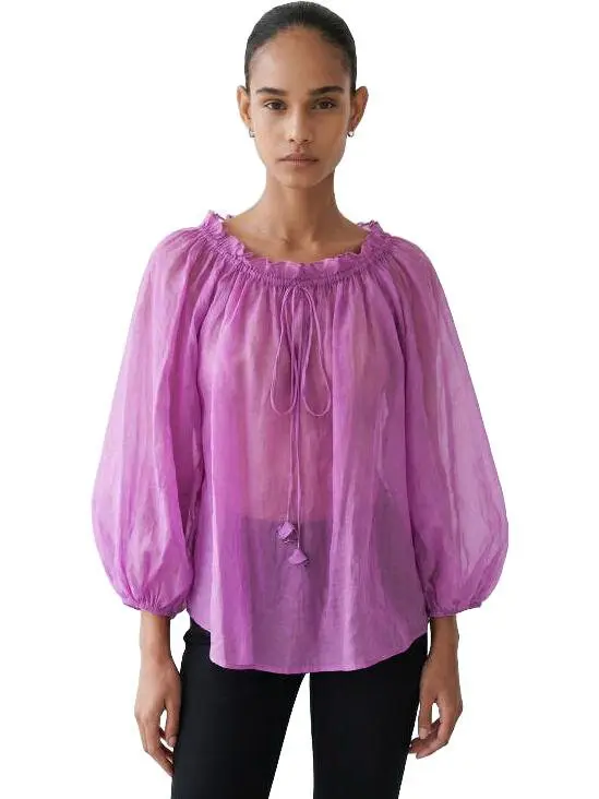EXQUISE Long Sleeve Decorative Tie Neck Regular Blouse - Pink