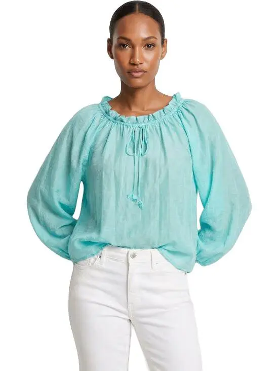 EXQUISE Long Sleeve Decorative Tie Neck Regular Blouse - Turquoise
