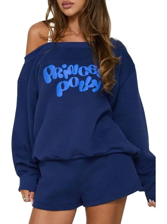Princess Polly Aaleah Graphic Off The Shoulder Sweatshirt - Navy