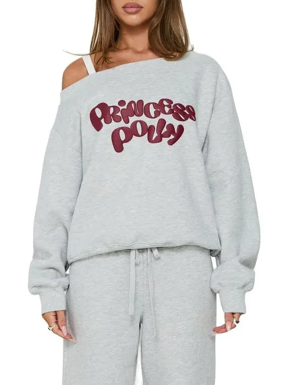 Princess Polly Aaleah Off Shoulder Graphic Sweatshirt - Grey