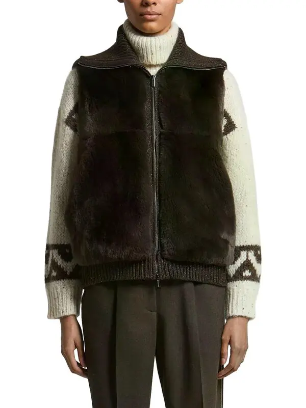 Peserico Faux-fur Panelled Sleeveless Zip-up Cardigan - Brown