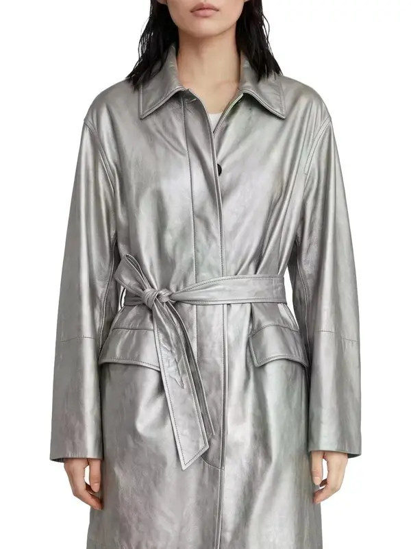 Brunello Cucinelli Belted Metallic Leather Coat - Silver