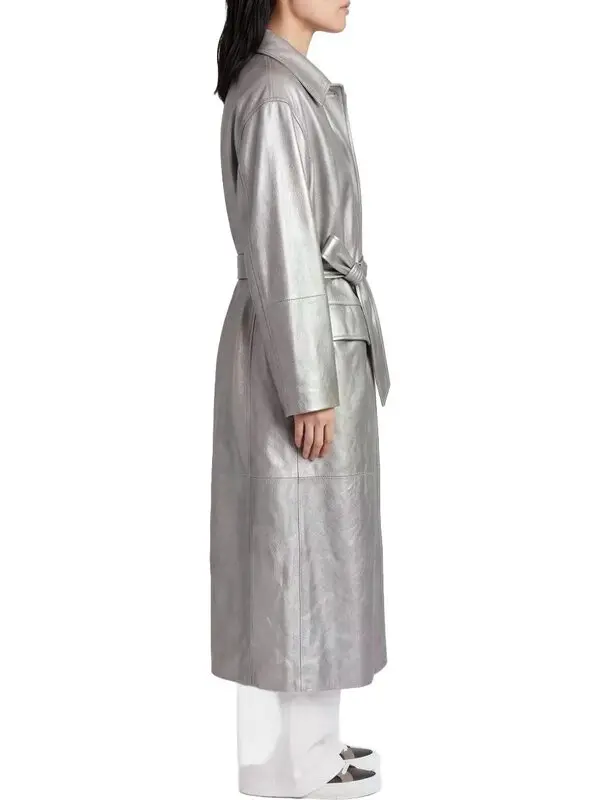 Brunello Cucinelli Belted Metallic Leather Coat - Silver