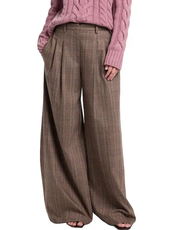 TWP Avery Plaid Wide Leg Wool Blend Pants - Brown Multi