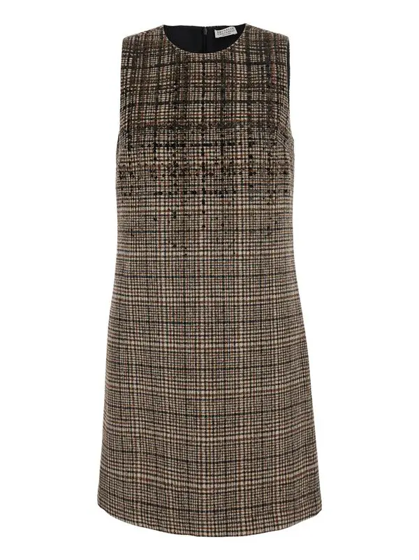 Brunello Cucinelli Brown Sleeveless Dress With Round Neckline And All-over Check Motif In Wool Blend For - Multicolor