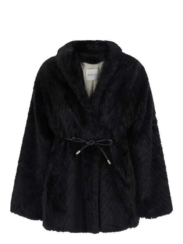 FORTE_FORTE Jacket In Ecoleather With Belt And Chevron Motif In Jacquard, Black - Multicolor