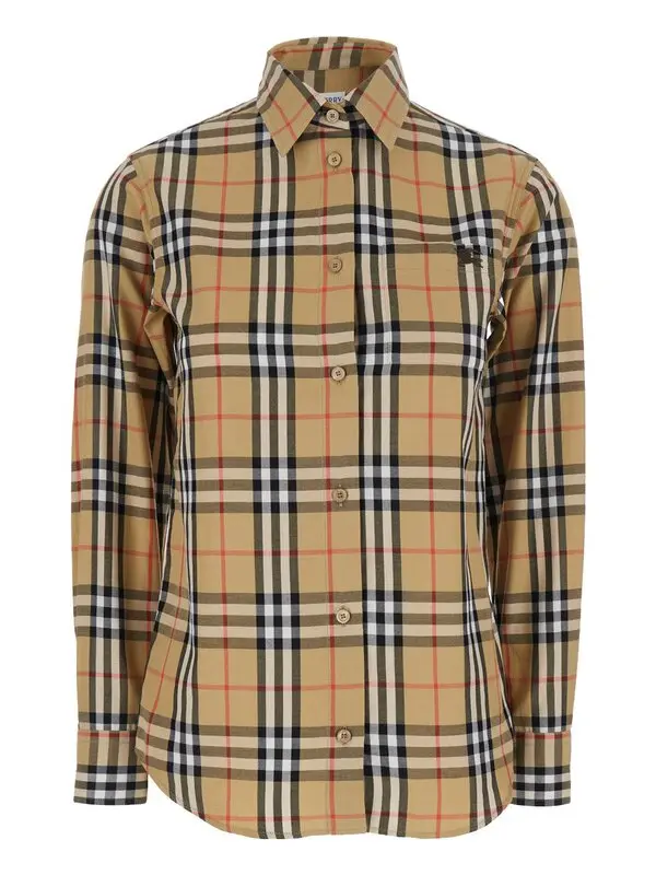 Burberry Emma' Beige Shirt With Ekd Embroidery On The Front And All-over Check Motif In Cotton - Multicolor